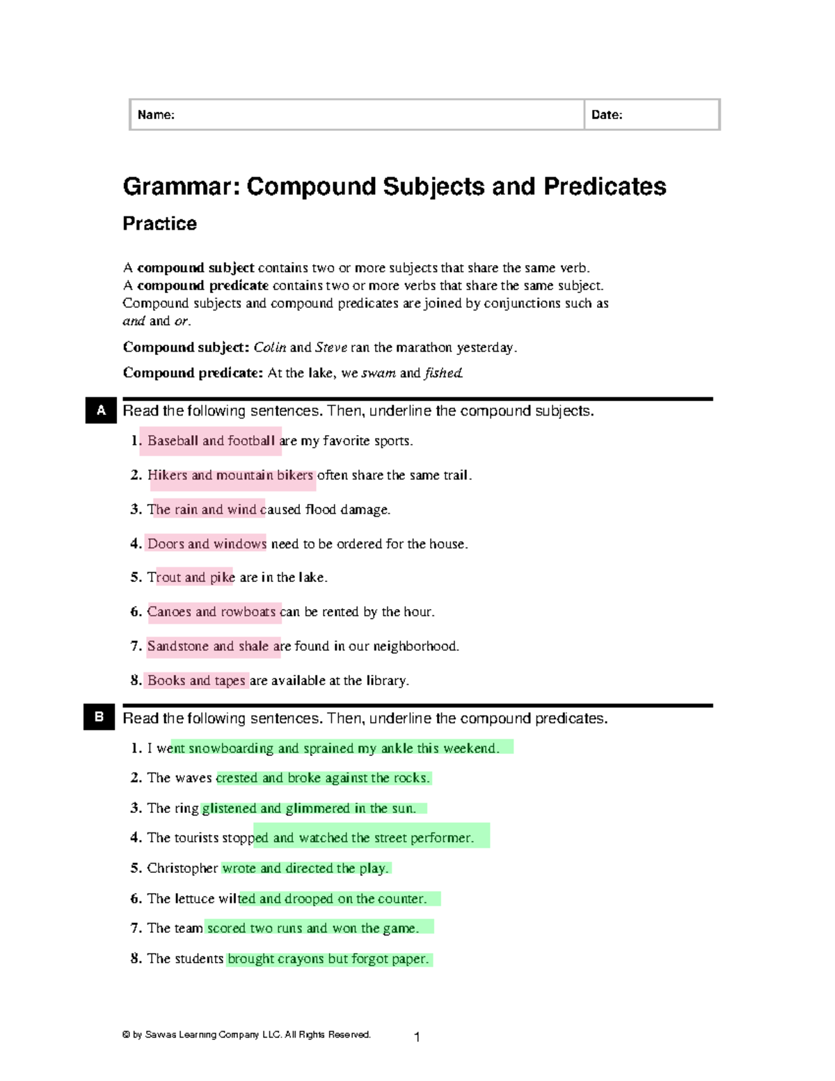 LIT17 ANC G7 GW Compound Subjects & Predicates Practice - Studocu