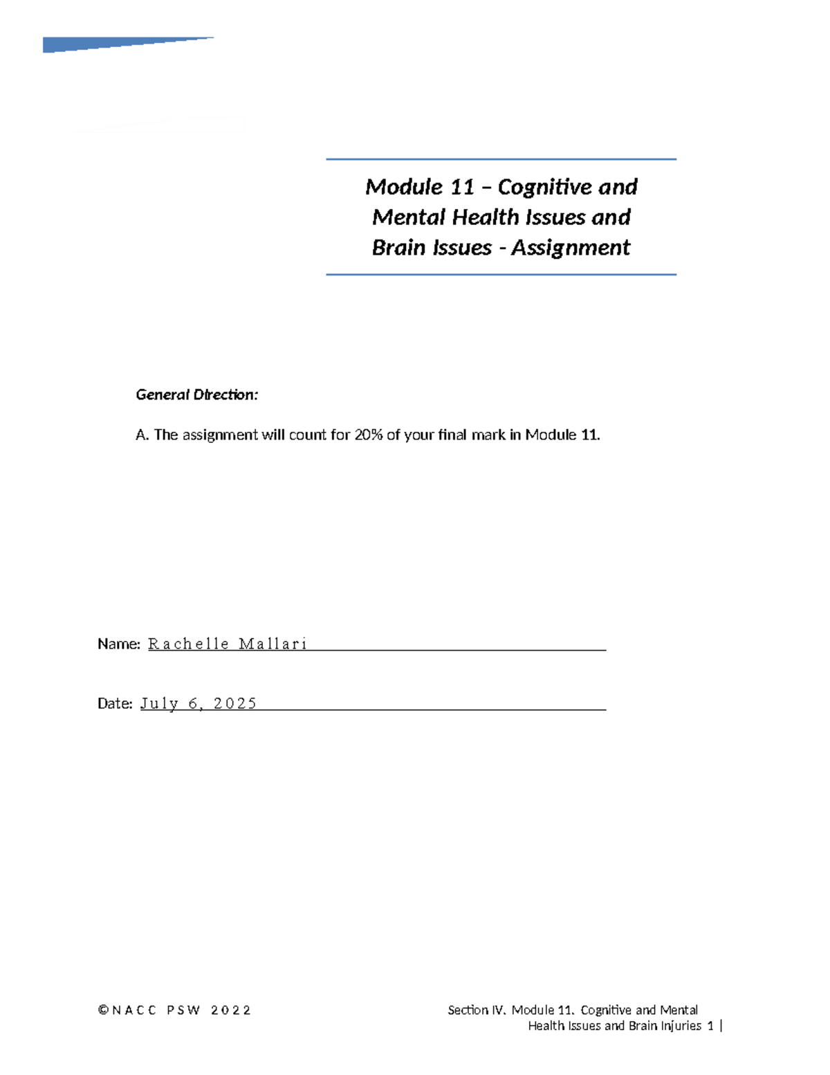 PSW 2022 Module 11 Assignment: Cognitive and Mental Health Issues - Studocu
