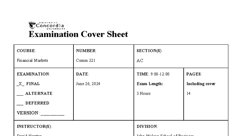 COMM 221 AC Final Exam Cover Sheet - June 26, 2024 - Studocu