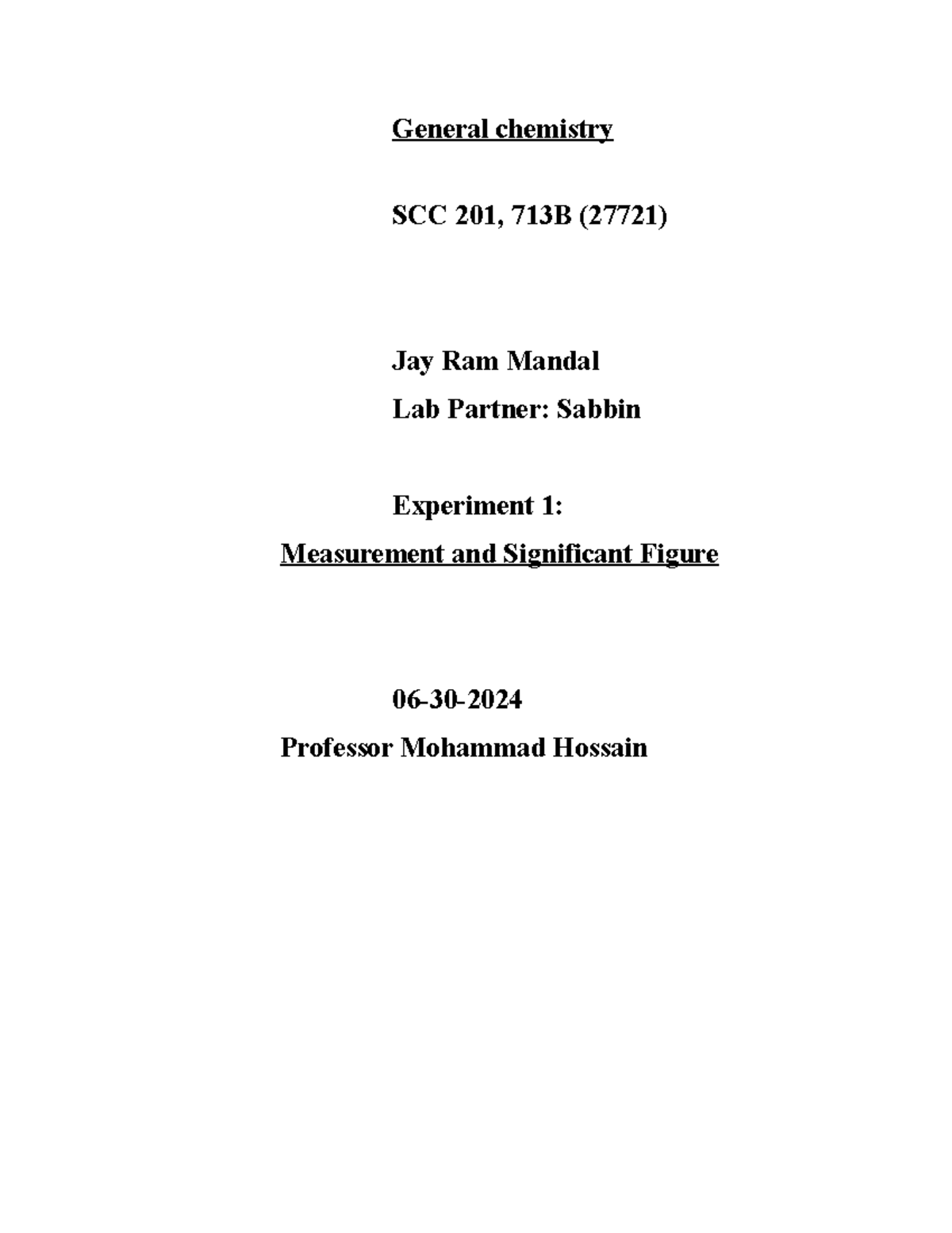 SCC 201 Lab 1: Measurement & Significant Figures Experiment Report ...