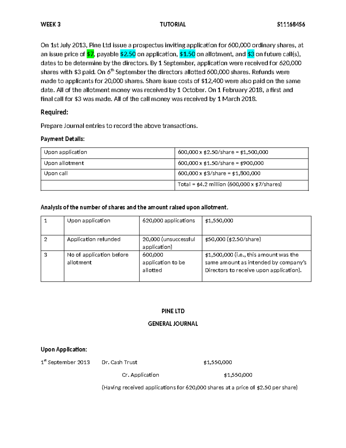 AF210 Week 3 Tutorial: Journal Entries for Pine Ltd Share Issue - Studocu