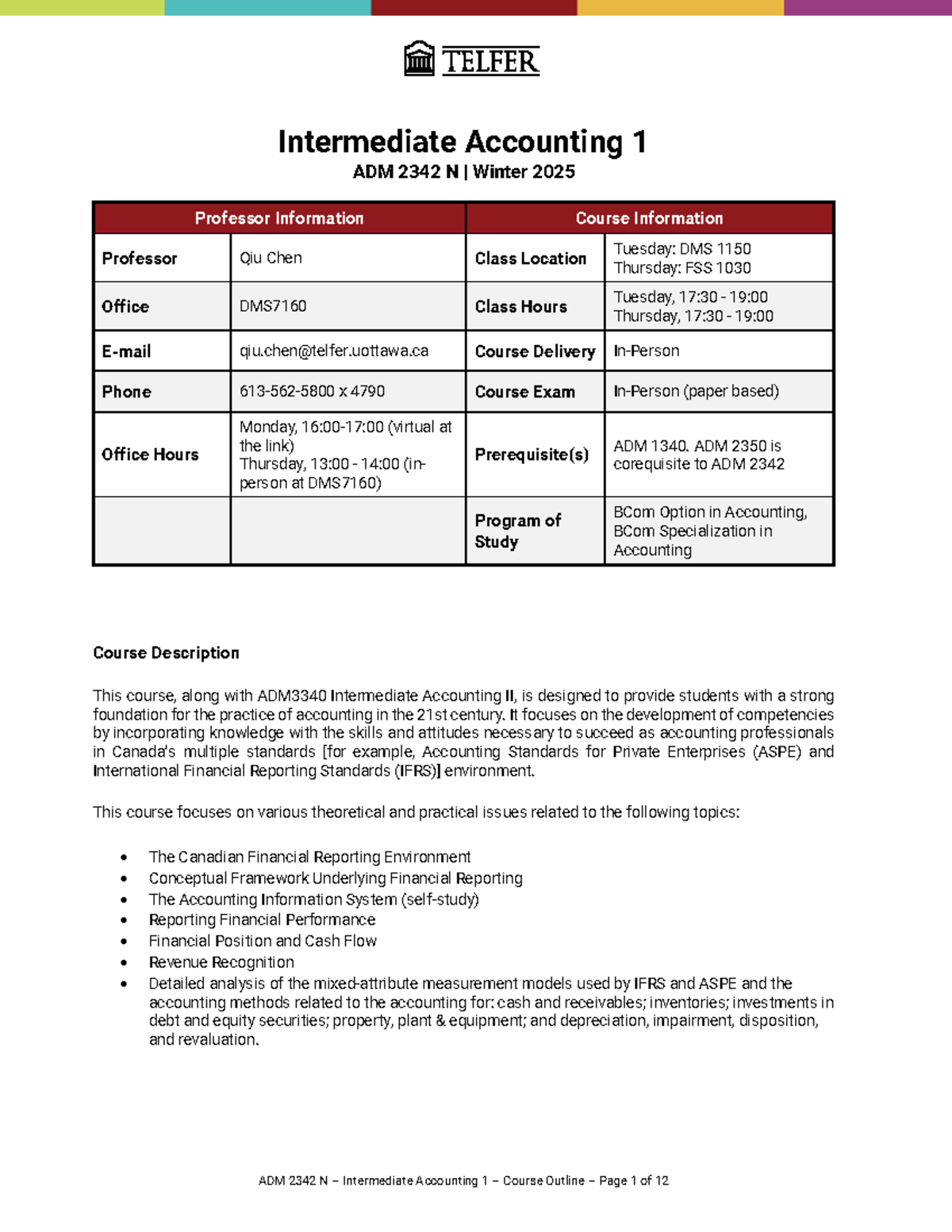 Intermediate Accounting I Syllabus (ADM 2342 N - Winter 2025) - Studocu