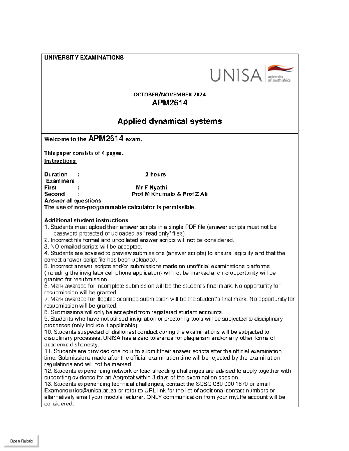 APM 2614 October 2024 Examination paper 1 - UNIVERSITY EXAMINATIONS ...
