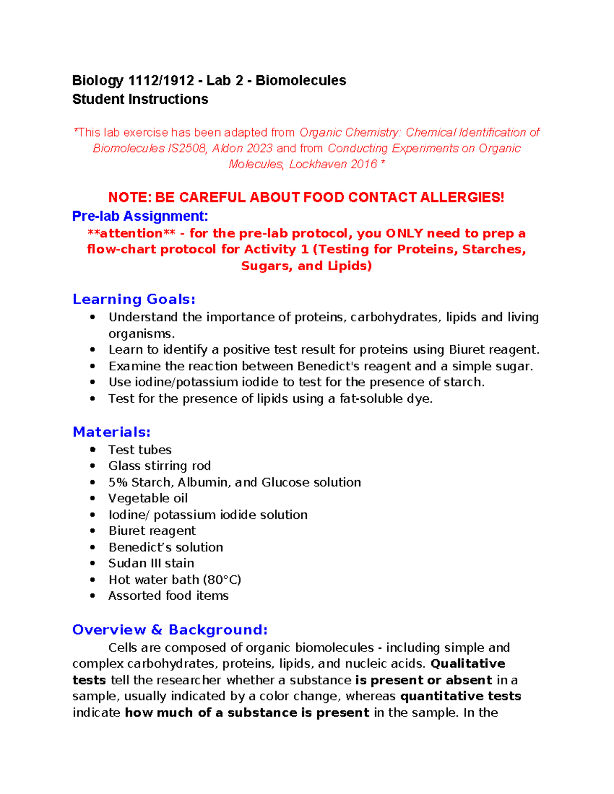 Lab 2 - Student Instructions - Biomolecules - Biology 1112/1912 - Lab 2 ...