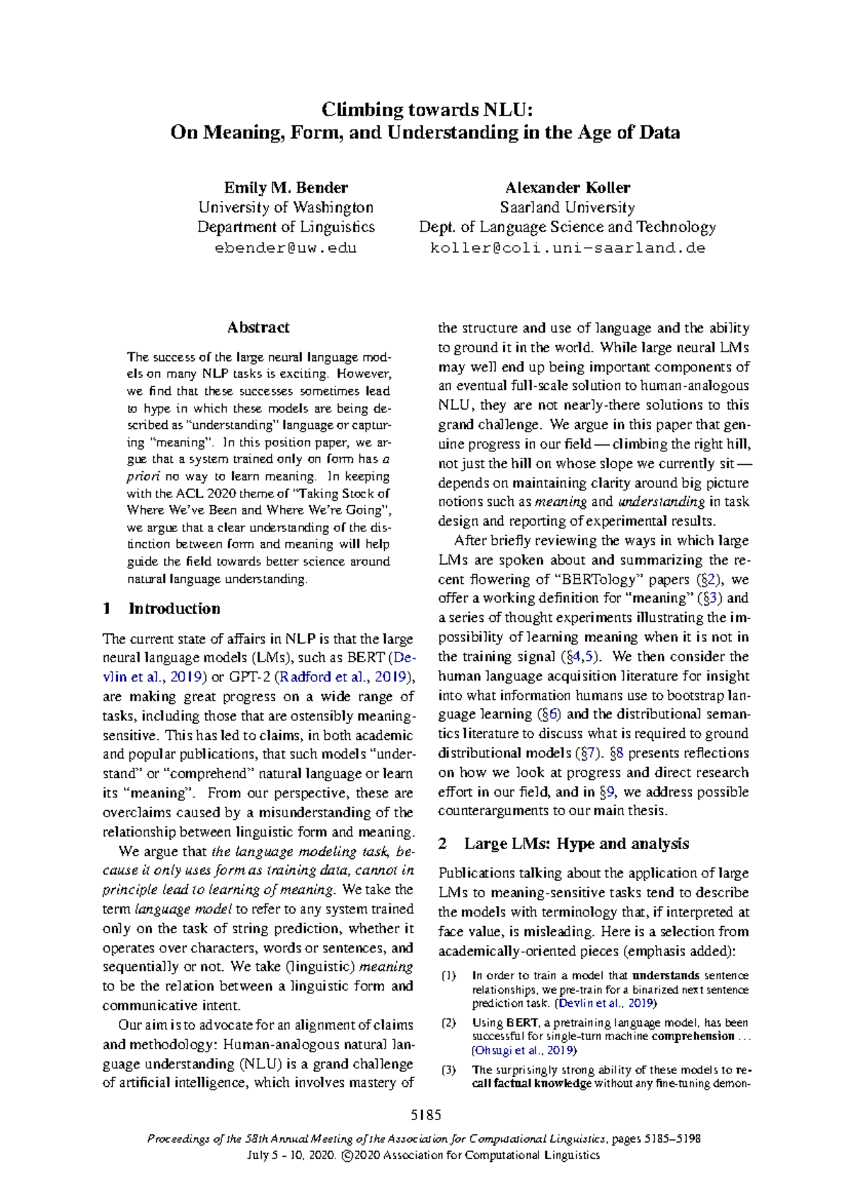 ACL 2020 Position Paper: Understanding Meaning vs. Form in NLU - Studocu