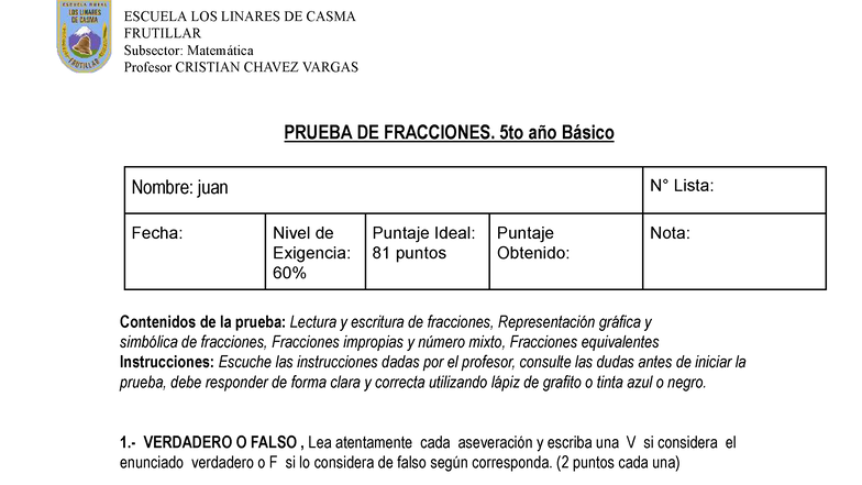 Prueba de Fracciones - 5to Año Básico - ESCUELA LOS LINARES - Studocu