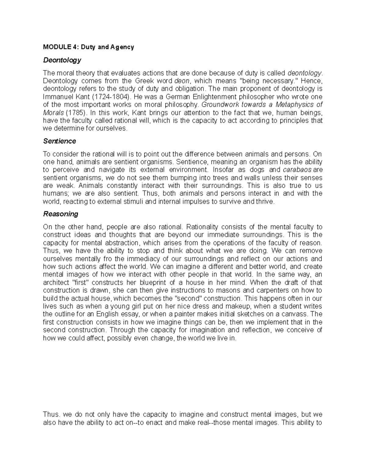 Deontology - MODULE 4: Duty and Agency Deontology The moral theory that ...