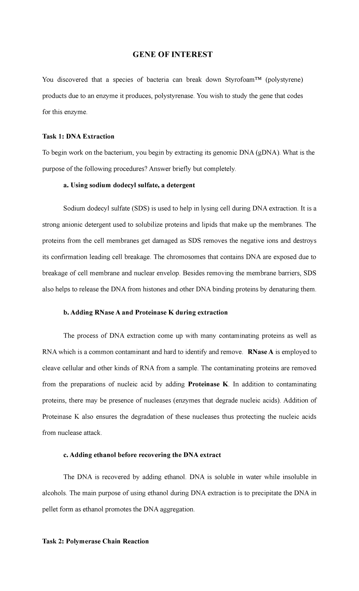 #3 Mol Bio Gene of Interest - DNA Extraction & PCR Tasks - Studocu