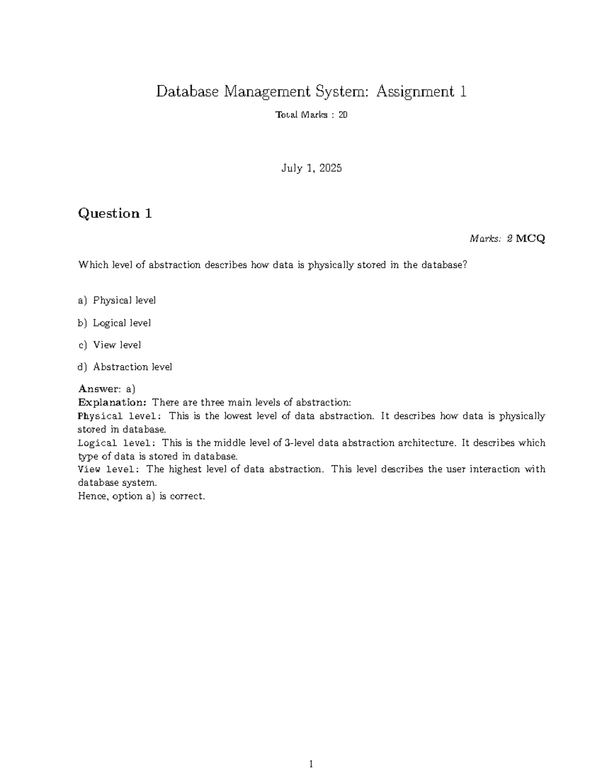 DBMS: Assignment 1 MCQs & Answers - NPTEL July 2025 - Studocu