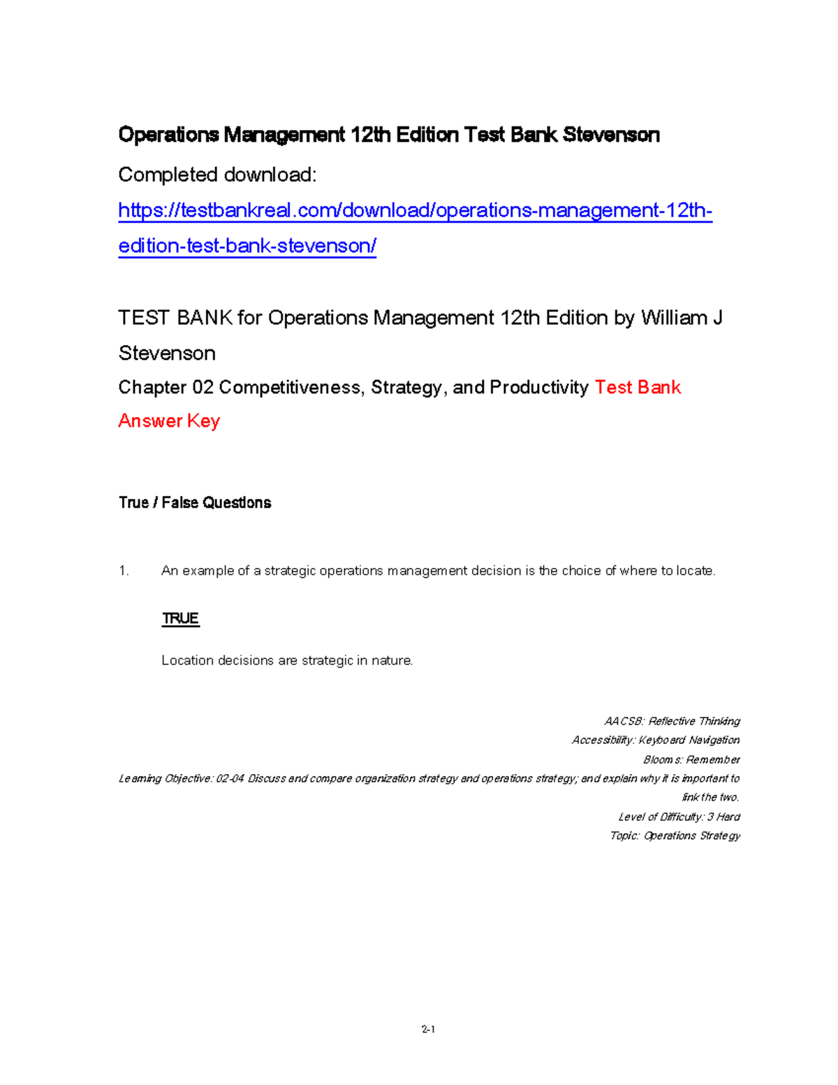 Operations Management 12th Edition Test Bank - Chapter 02 Insights ...