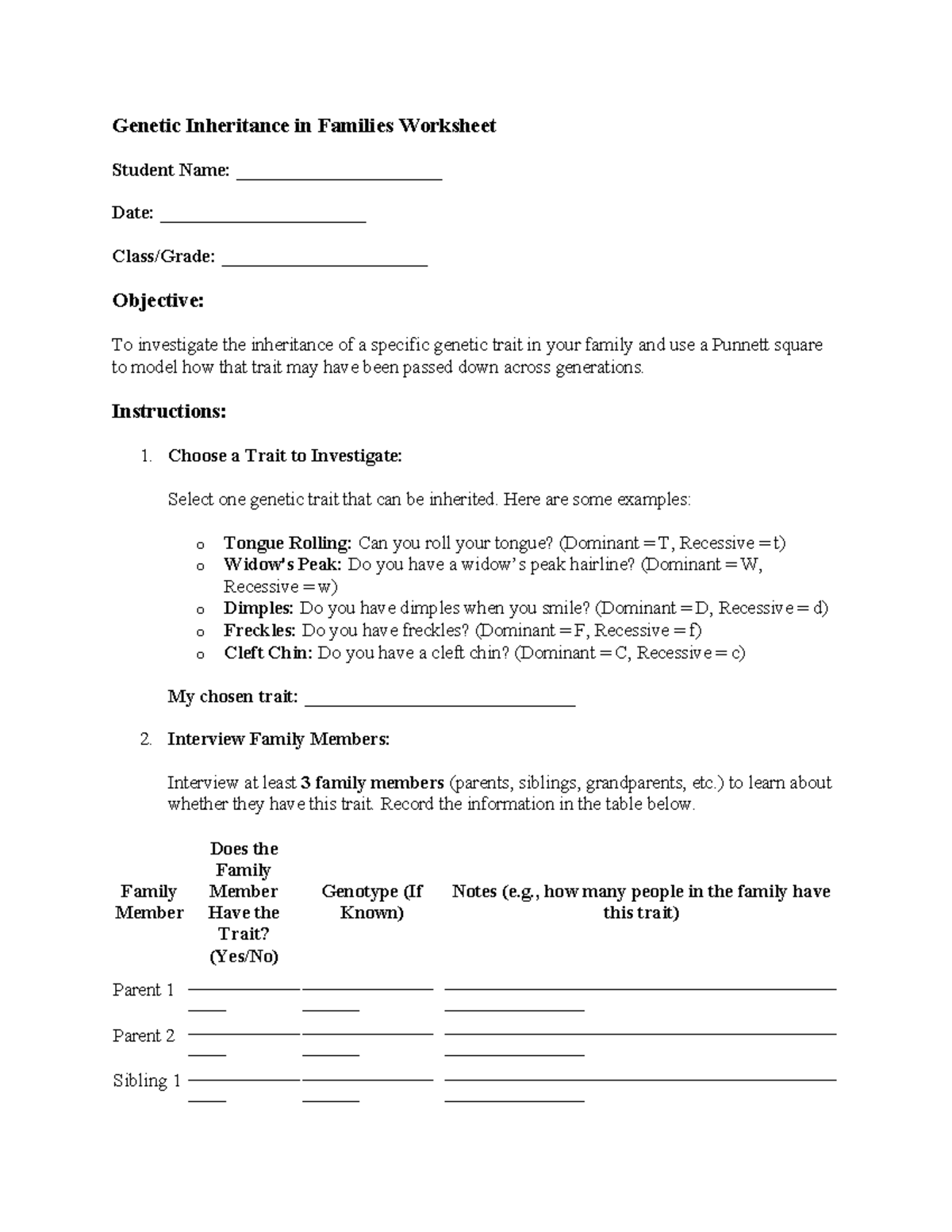 Genetic Inheritance Worksheet for Family Traits Analysis - Studocu