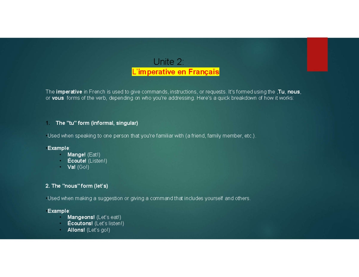 French Unit 2 & 3: The Imperative and Adjective Agreement Notes - Studocu