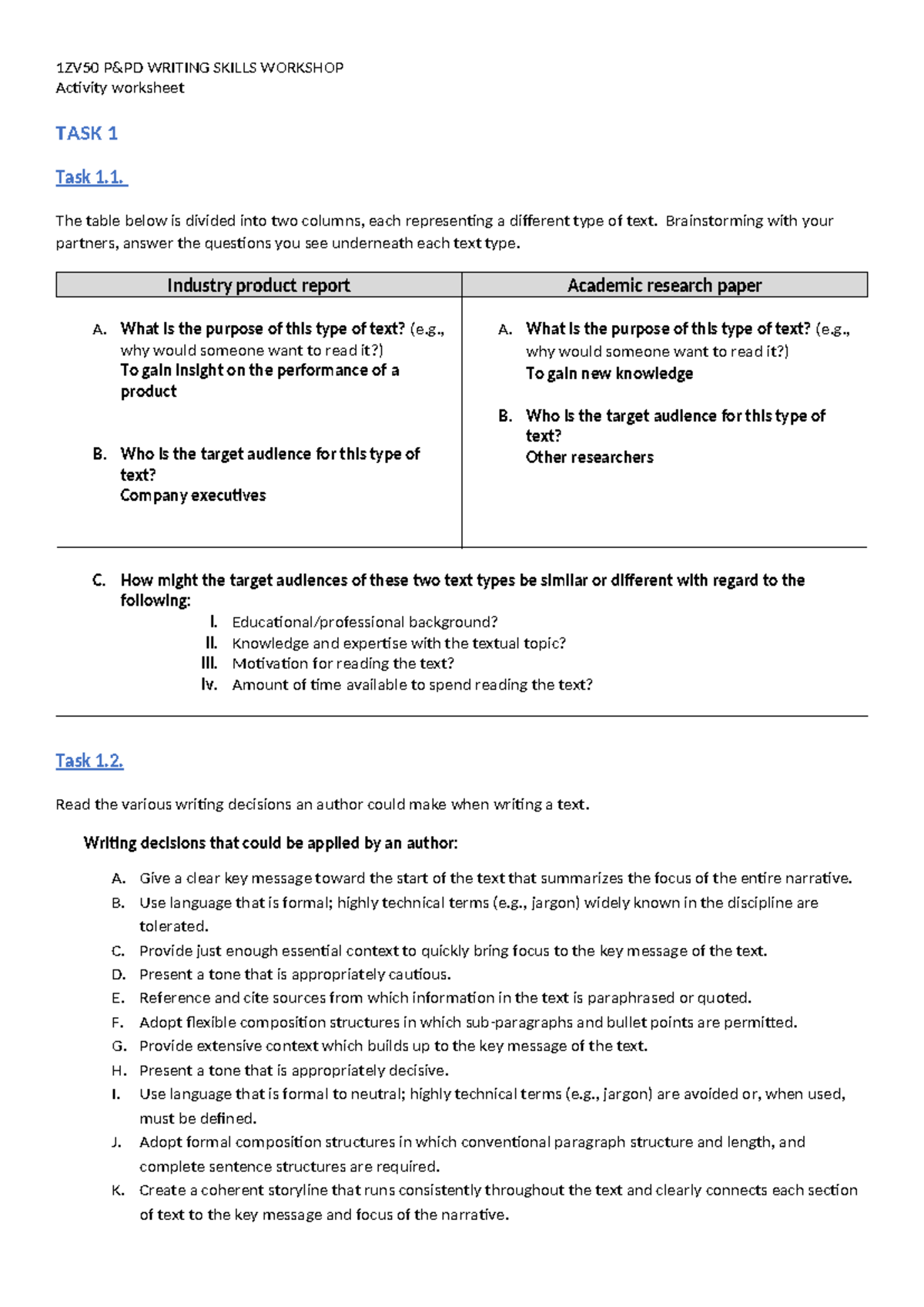 1ZV50 WRITING SKILLS WORKSHOP Activity Worksheet 2024-25 Tasks ...