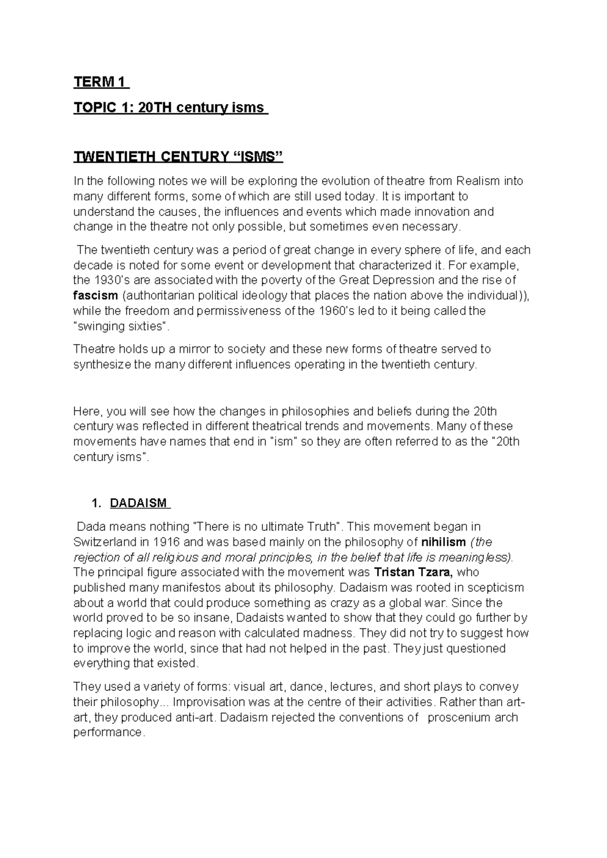 G-12 T1 ISMS: Exploring 20th Century Theatre Movements - Studocu