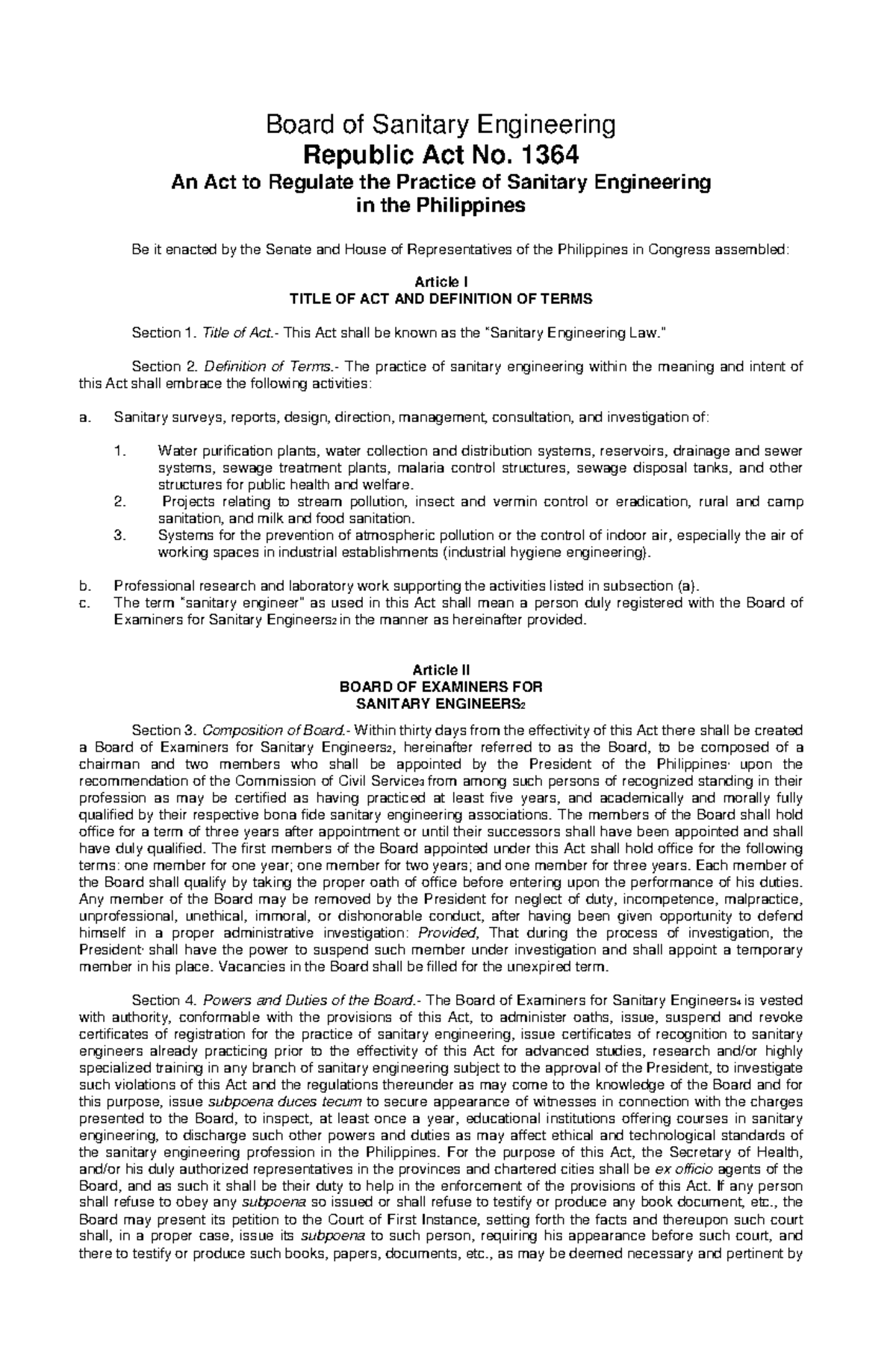 RA 1364 - Sanitary Engineering Law - Board of Sanitary Engineering ...