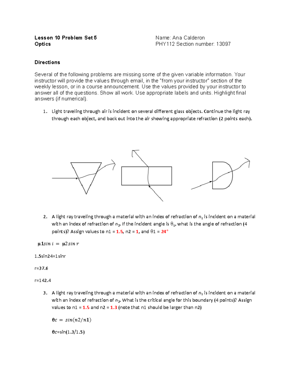 Lesson 10 Problem Set 5 - Optics (PHY112, Sec 13097) - Studocu