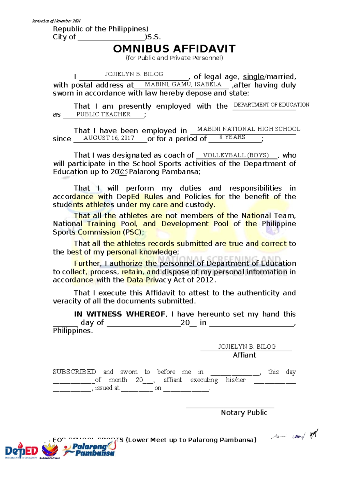 Omnibus Affidavit for School Sports (DepEd) - Revised Nov 2024 - Studocu