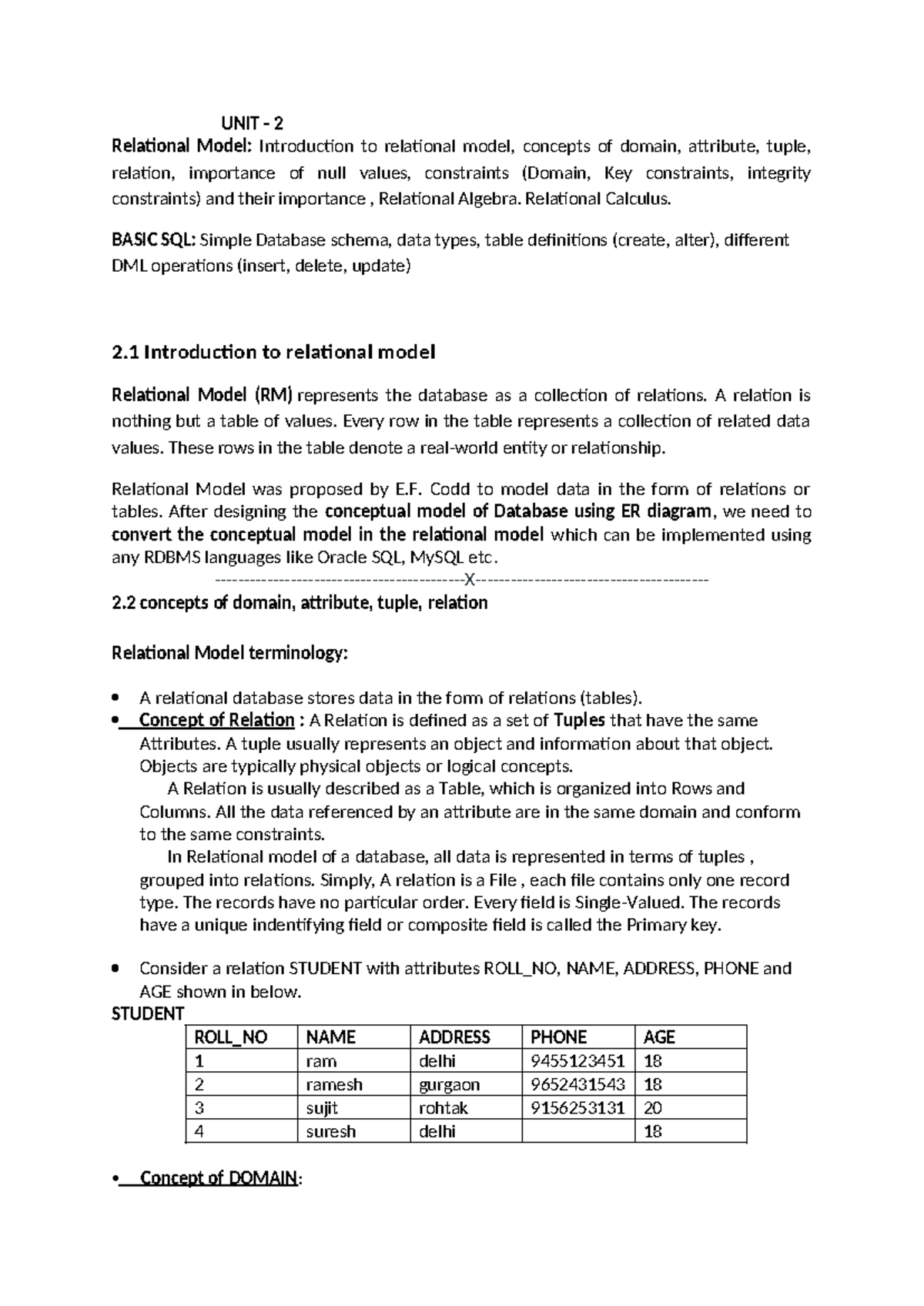 DBMS UNIT 2R23 - Relational Model Concepts and SQL Basics - Studocu