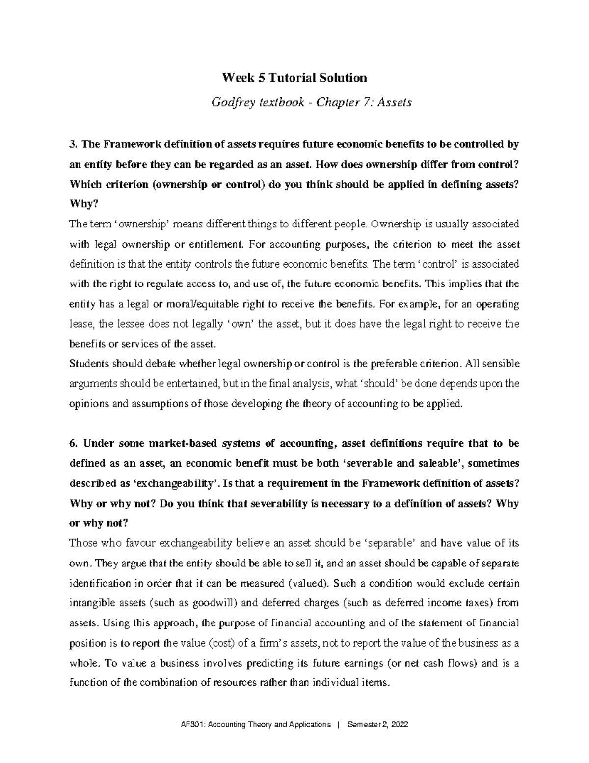 AF301 Week 8 Tutorial Solution - Week 5 Tutorial Solution Godfrey textbook - Chapter 7: Assets 3 ...