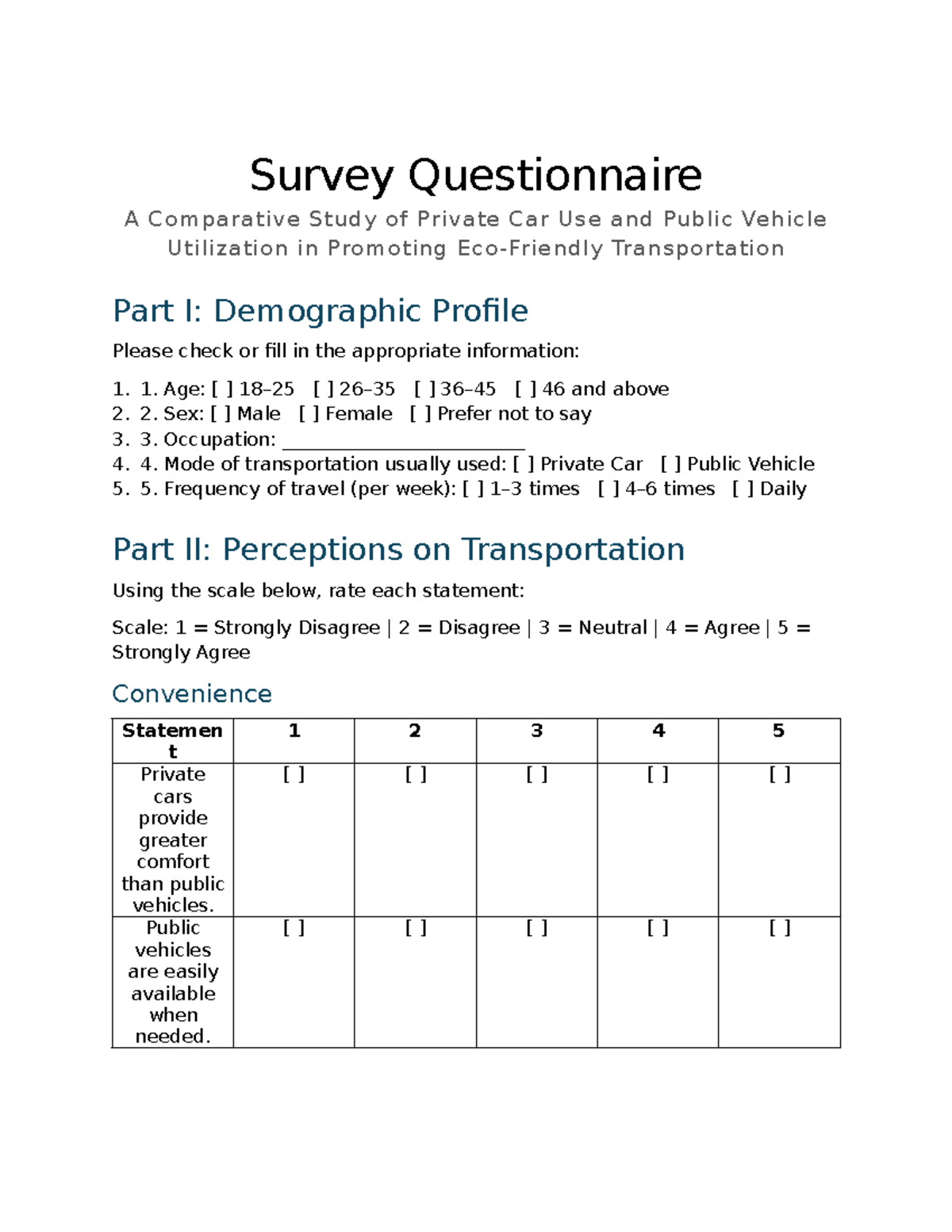 Survey Questionnaire: Comparative Study on Car vs Public Transport ...