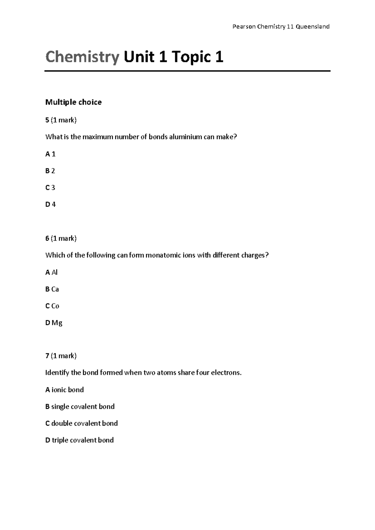 Pearson Chemistry 11 QLD Unit 1 Practice Test Questions - Studocu