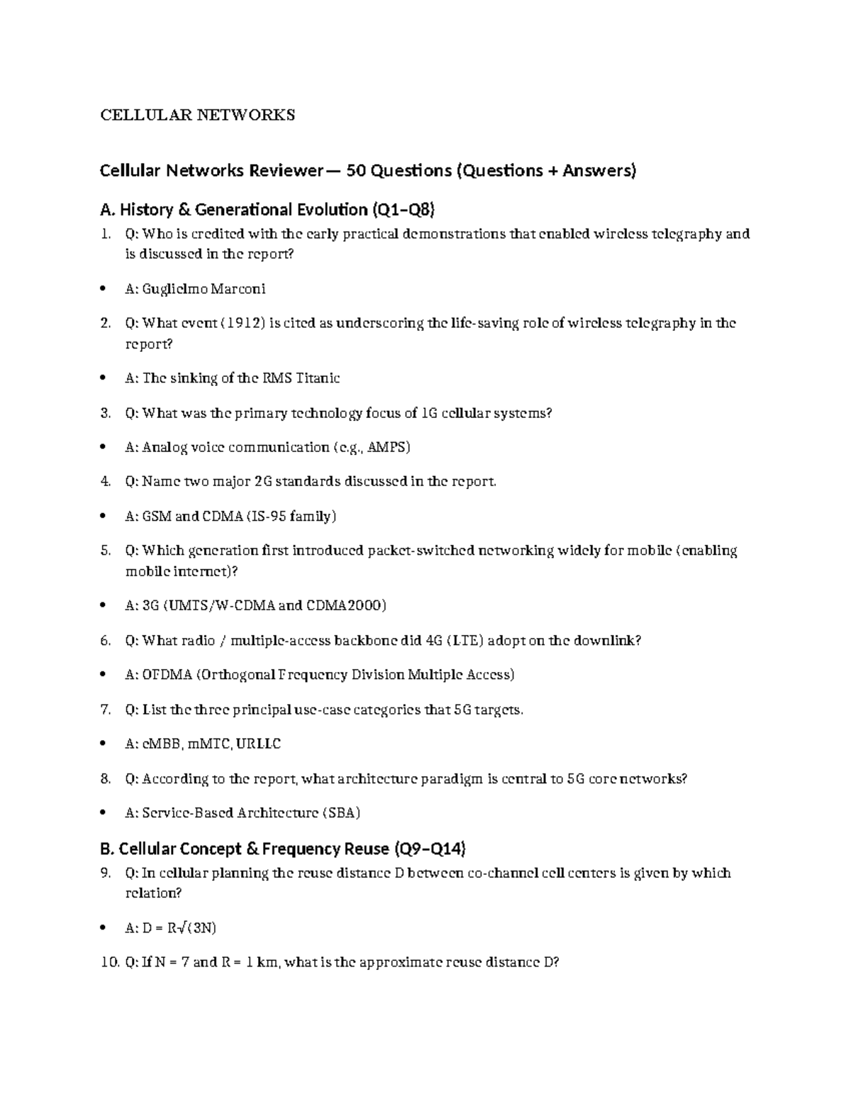 3EC - Cellular Networks 50 Q&A Review Guide - Studocu