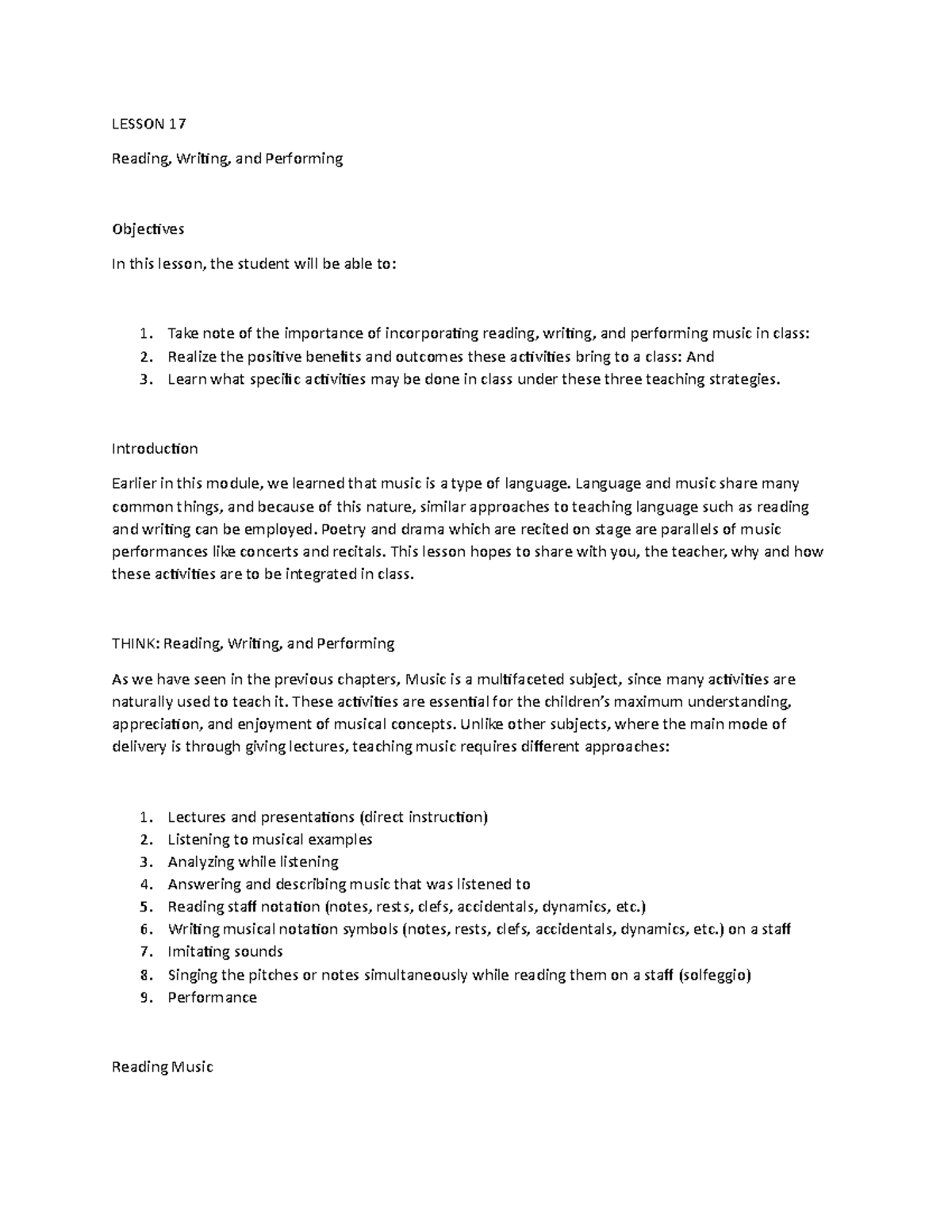 Lesson 17: Integrating Reading, Writing, and Performing in Music - Studocu