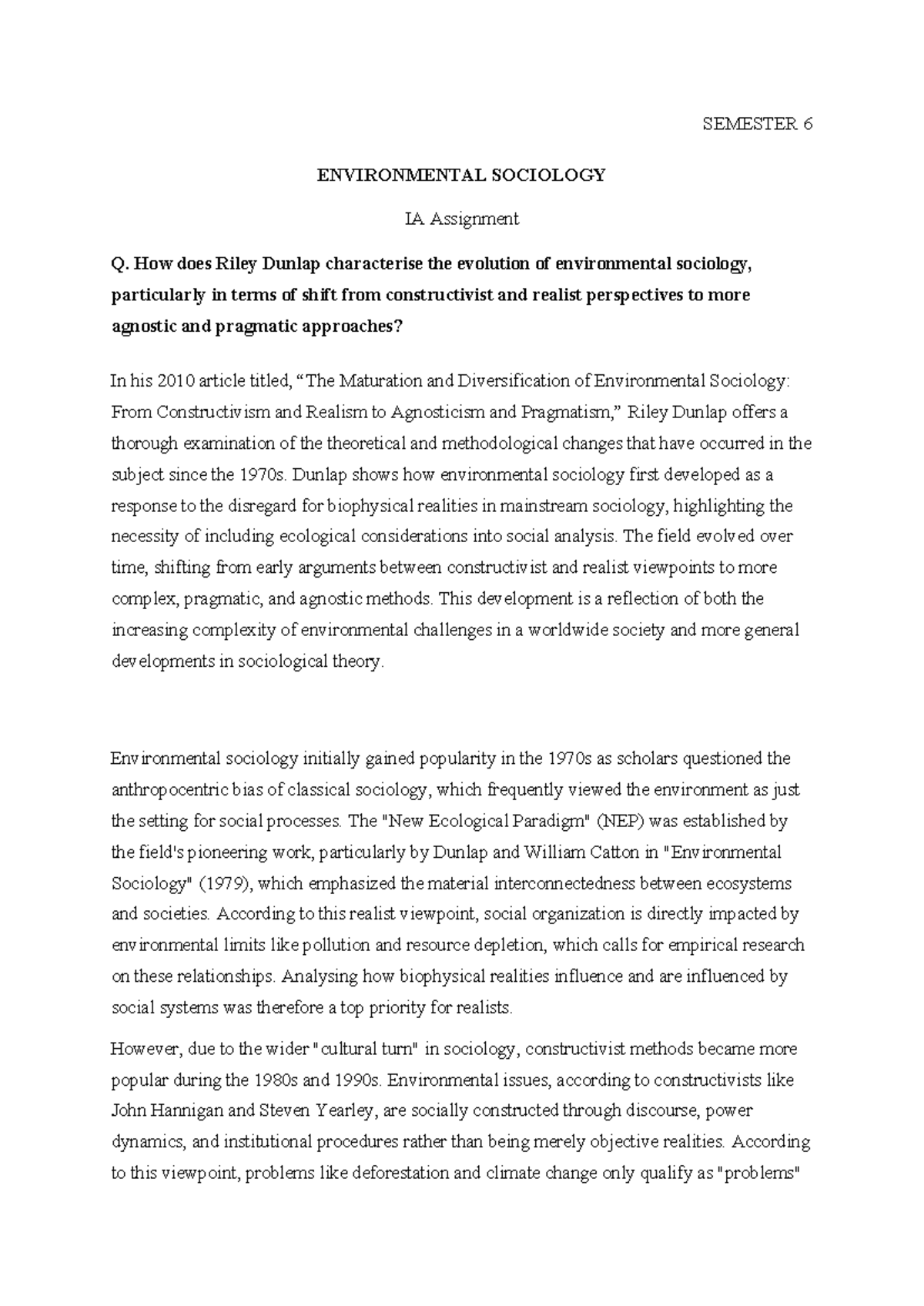ENVIRONMENTAL SOCIOLOGY IA: Evolution from Constructivism to ...