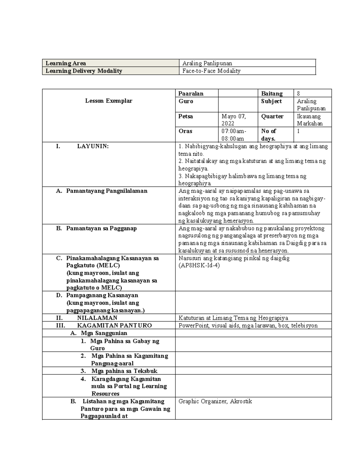 Detalyadong Plano ng Aralin: Katuturan at Limang Tema ng Heograpiya ...