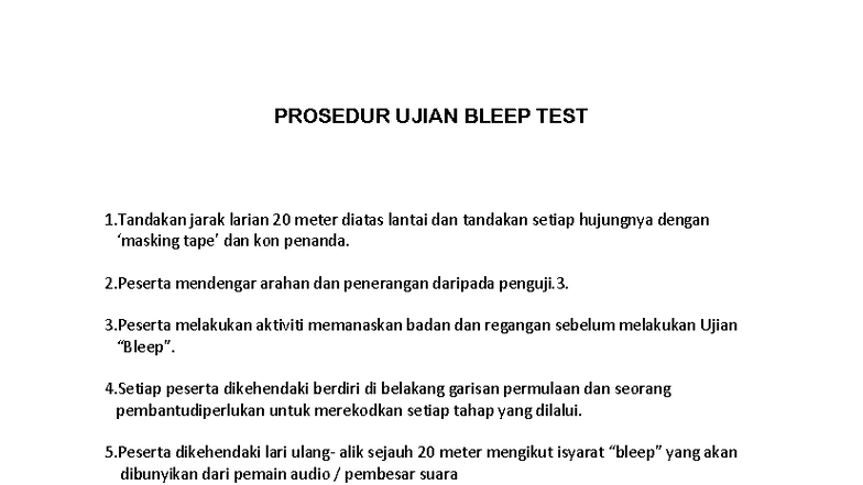 Prosedur Ujian Bleep TEST: Panduan Lengkap dan Langkah-langkah - Studocu