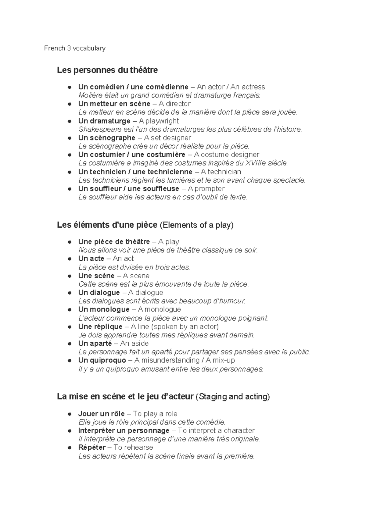French 3 Vocabulary: Les Personnes, Éléments et Concepts du Théâtre ...