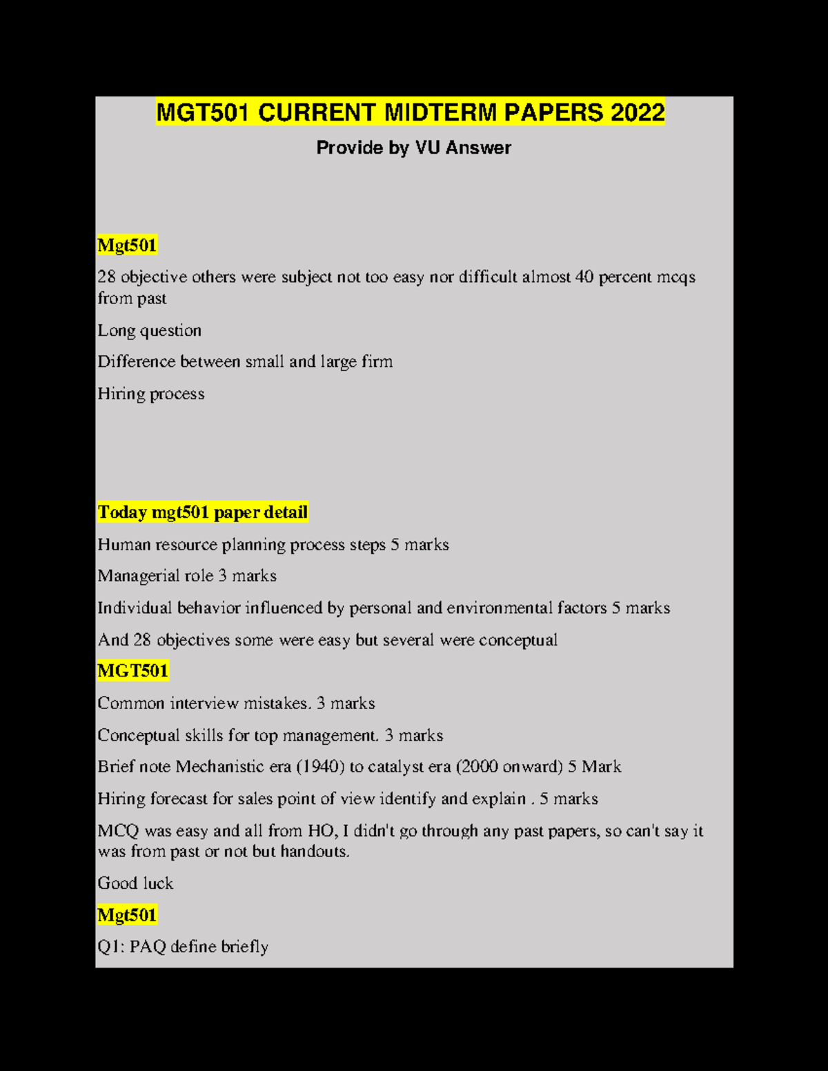 MGT501 Midterm Exam Papers 2022: Key Topics & Insights - Studocu