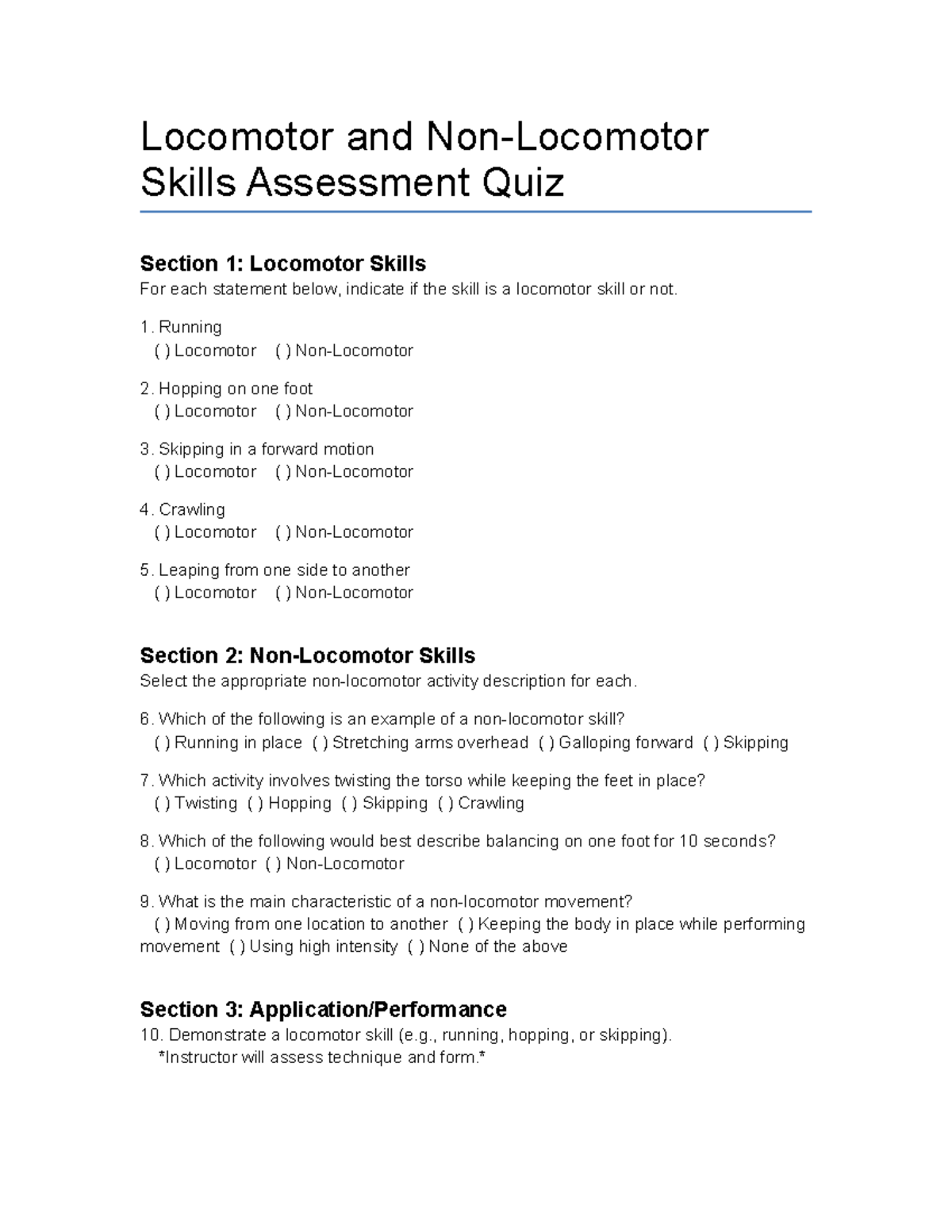 Locomotor & Non-Locomotor Skills Assessment Quiz - Studocu