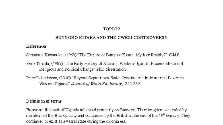 Bunyoro Kitara: The Cwezi Controversy Overview and Analysis - Studocu