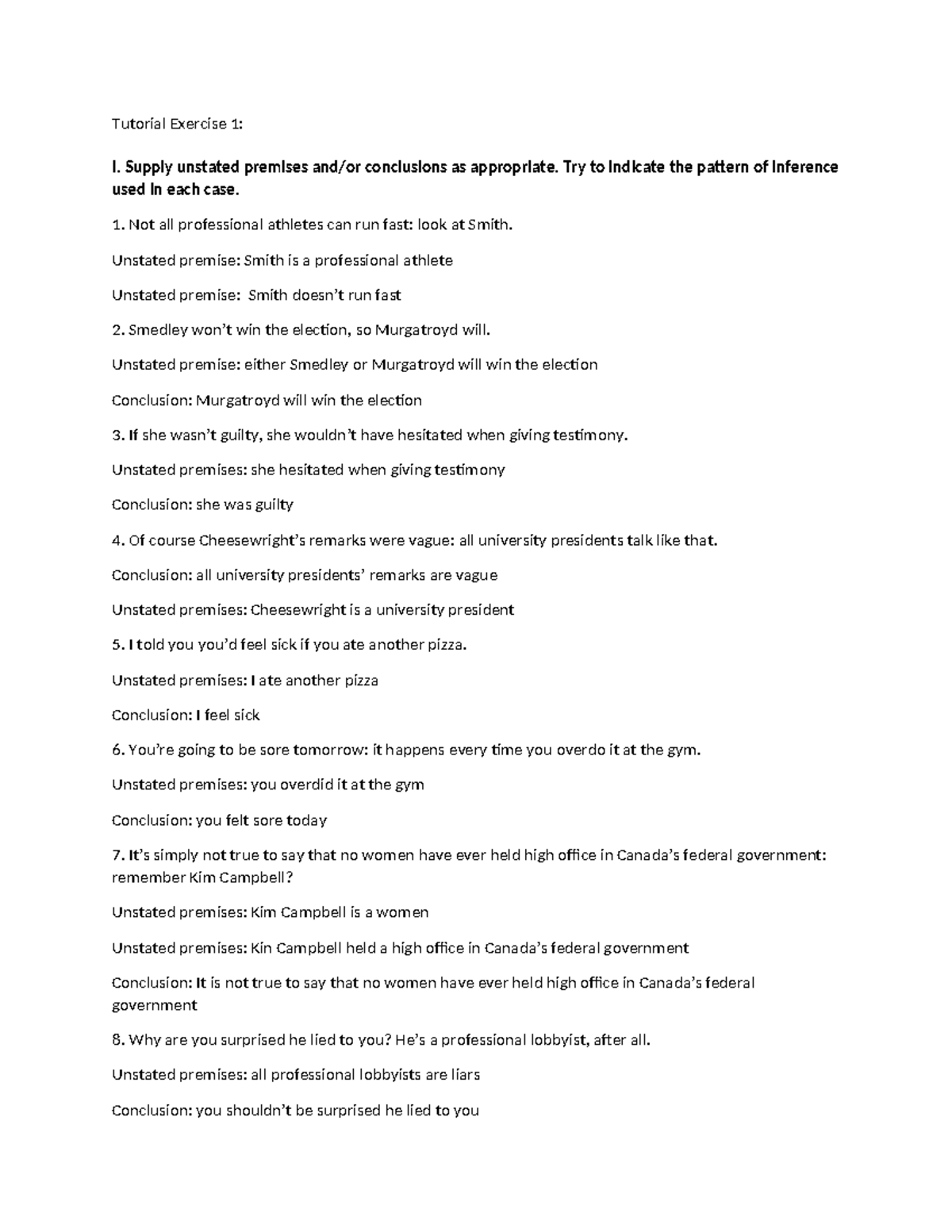 Critical Thinking Tutorial Exercise 1: Unstated Premises & Conclusions ...