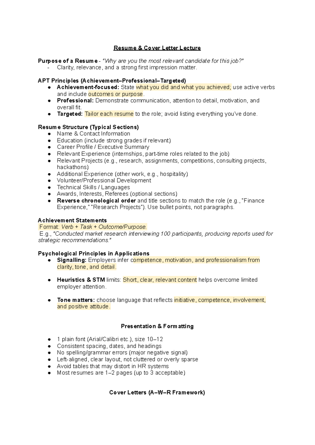 3011 Lecture Notes: Crafting Effective Resumes & Cover Letters - Studocu