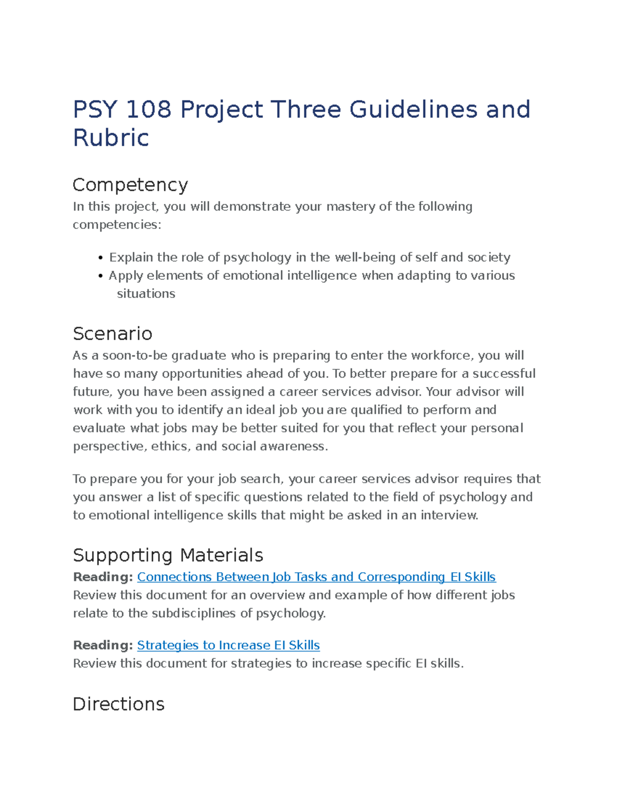 PSY 108 Project Three: Emotional Intelligence in Career Preparation - Studocu