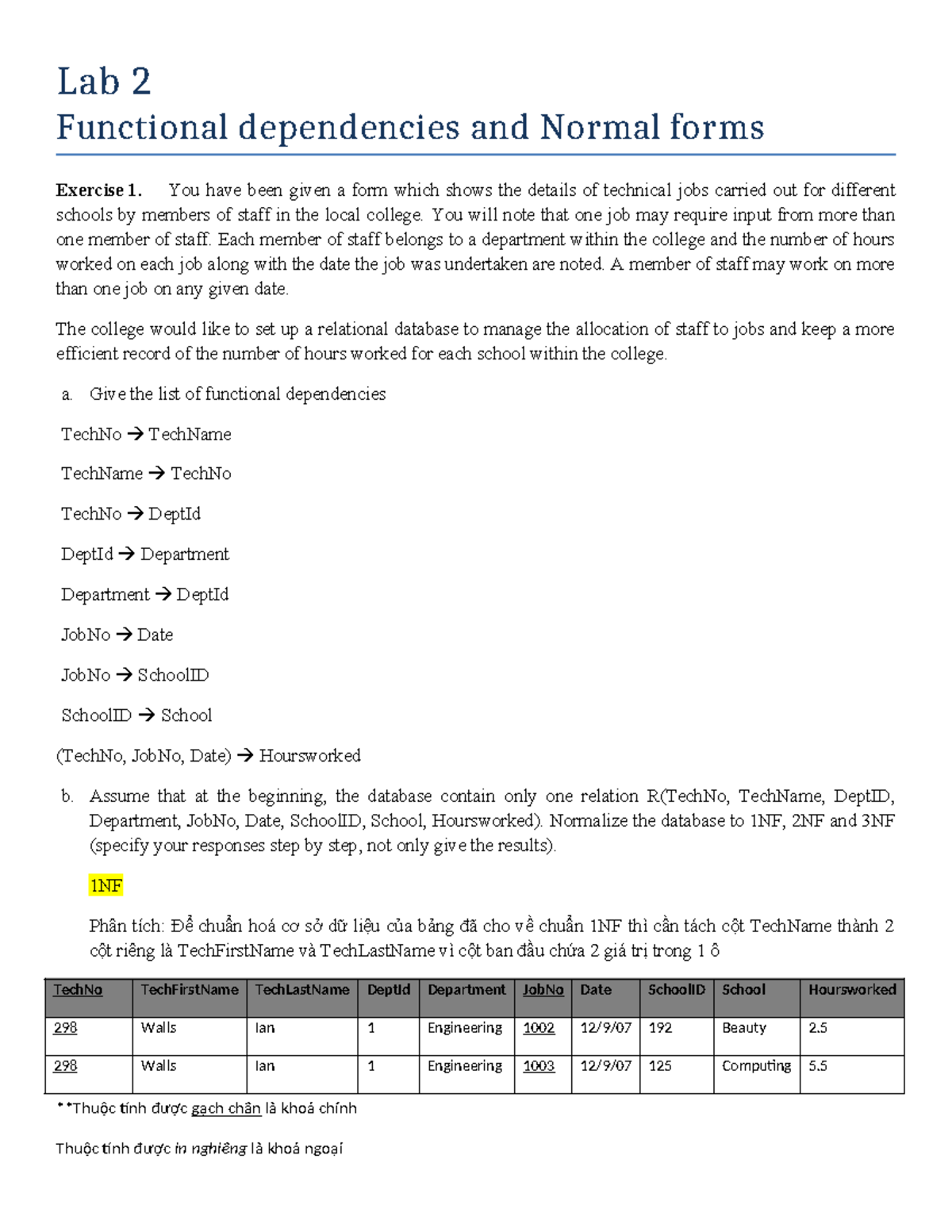 Lab 2 FD - description - Lab 2 Functional dependencies and Normal forms Exercise 1. You have ...