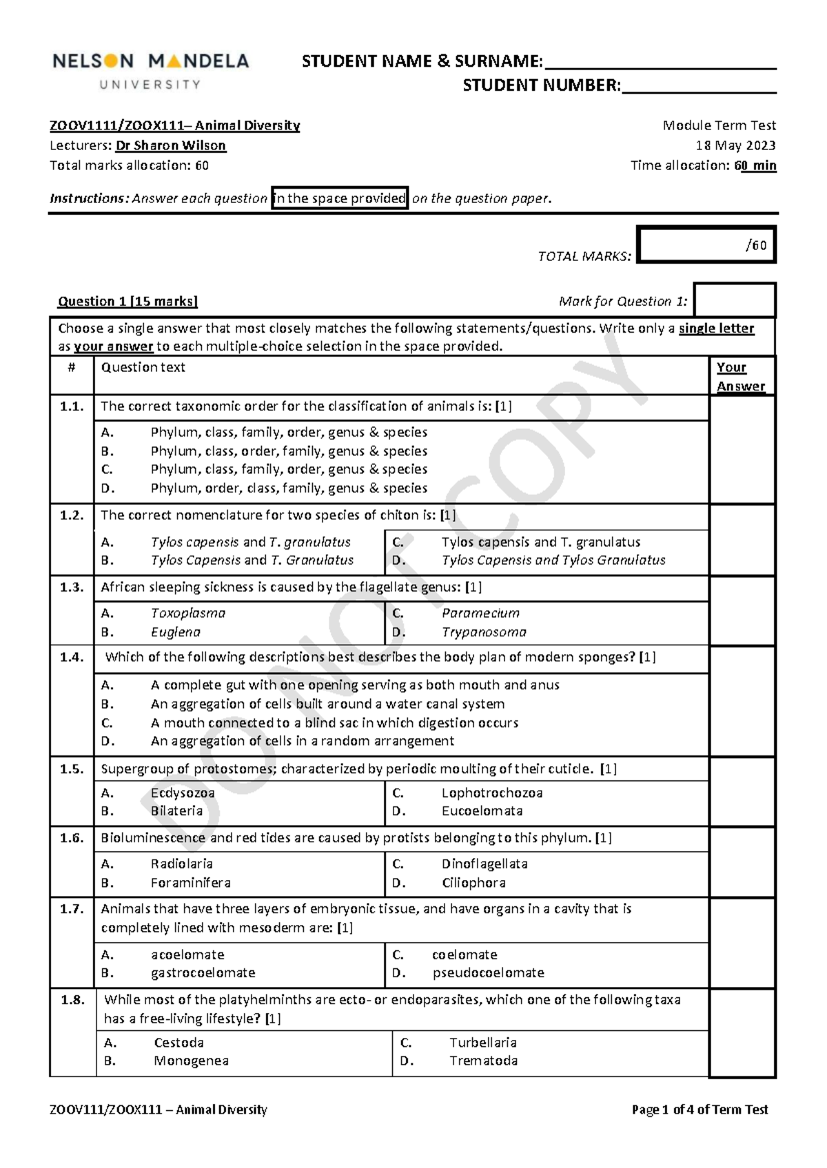 ZOOV111 Animal Diversity Semester Test 2023: Key Concepts and Questions ...