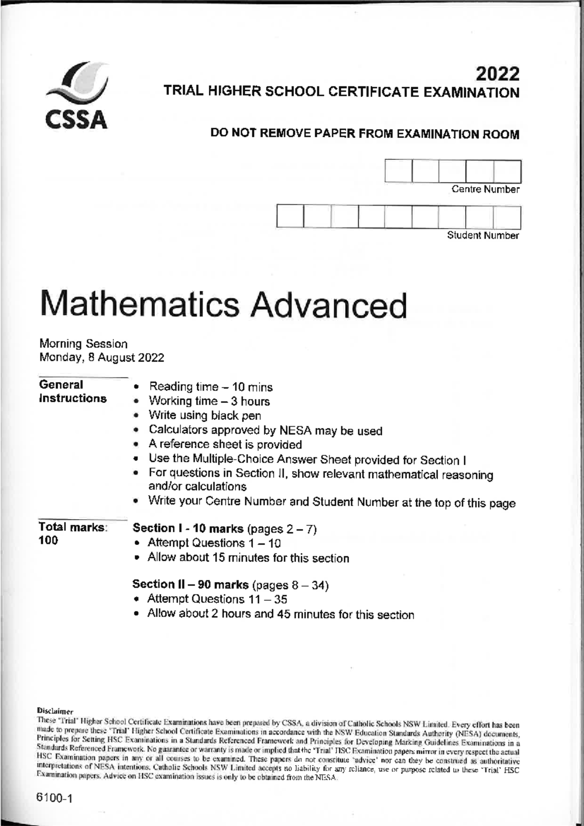 2022 CSSA Mathematics Advanced HSC Exam Paper - Studocu