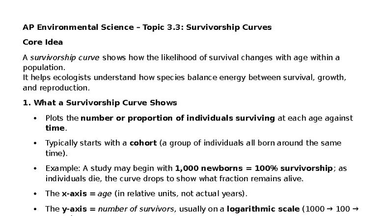 AP Environmental Science: Topic 3.3 Survivorship Curves Lecture Notes ...