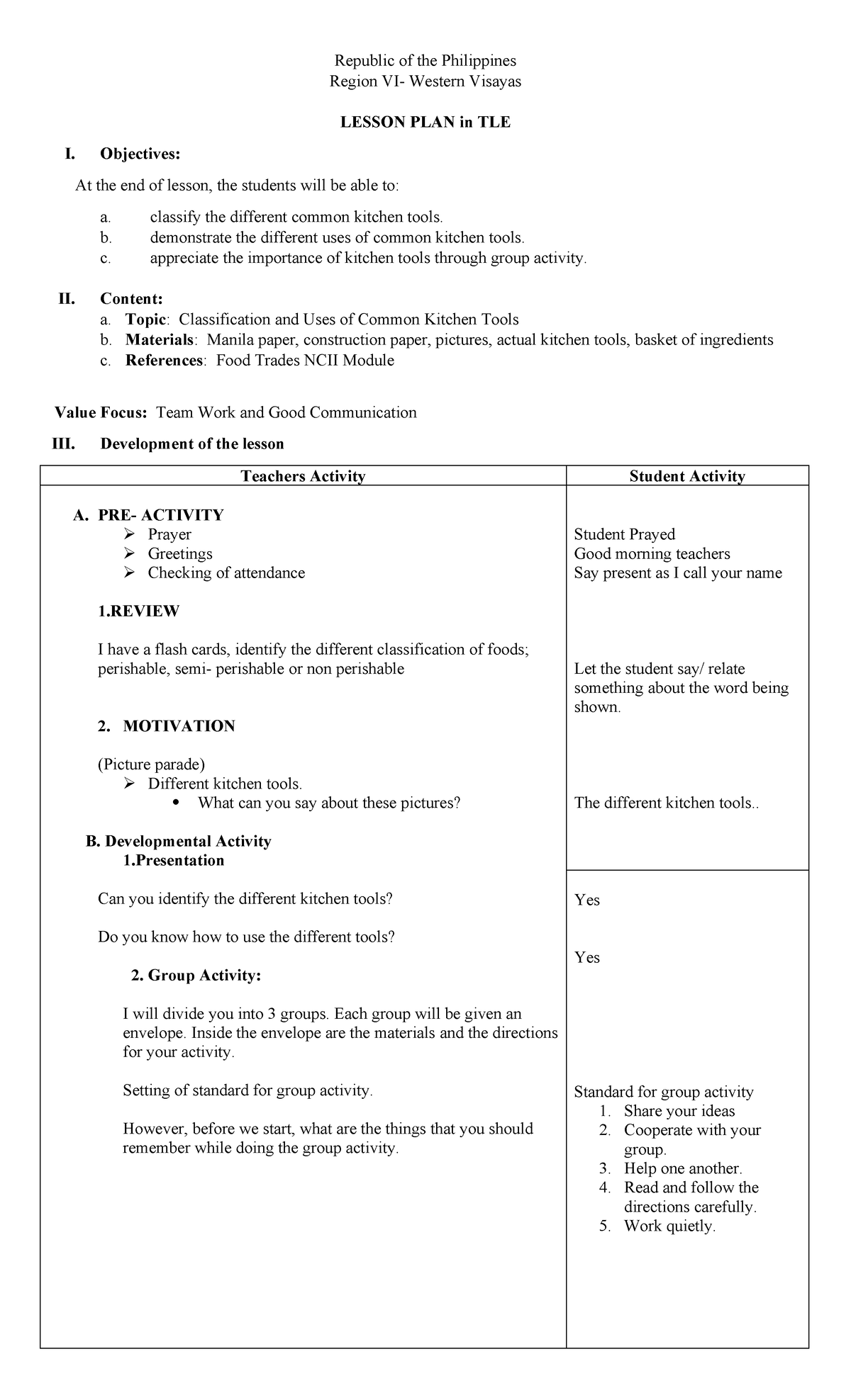 TLE Lesson Plan: Classification & Uses of Kitchen Tools - Studocu