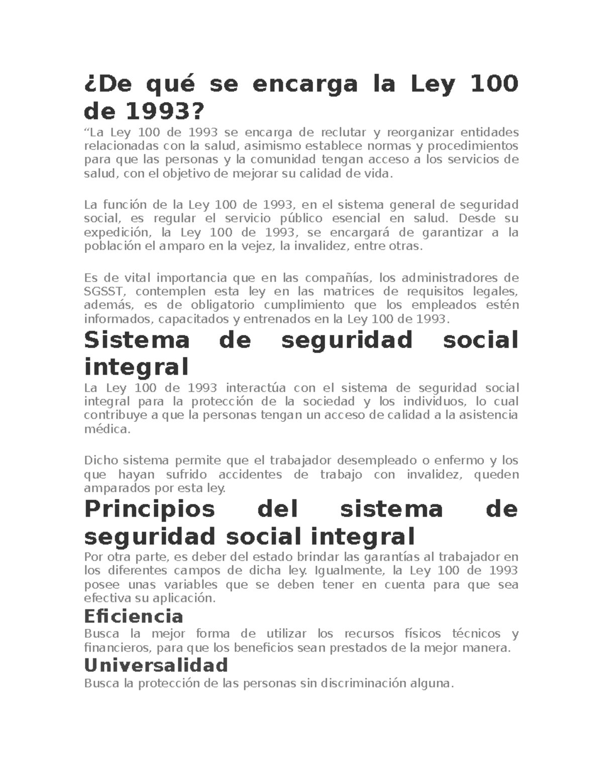 Resumen de la Ley 100 de 1993: Impacto en la Salud y Pensiones - Studocu
