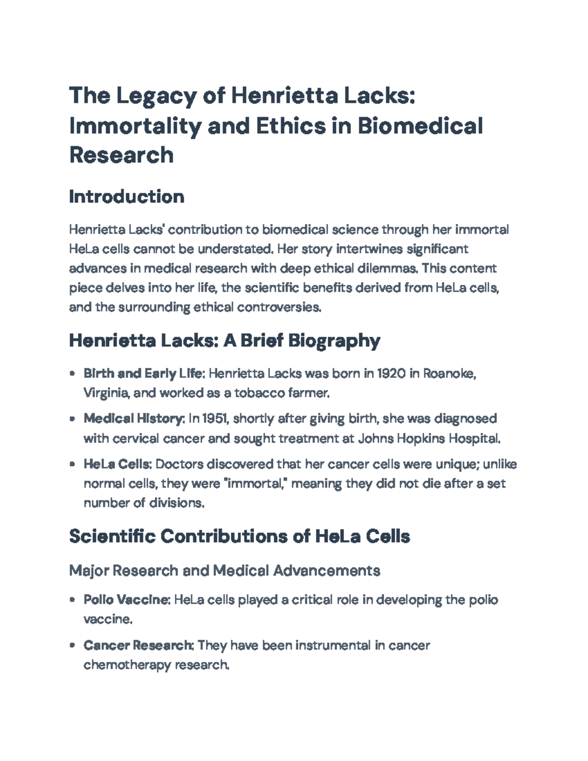 The Legacy of Henrietta Lacks: HeLa Cells and Ethical Dilemmas in ...