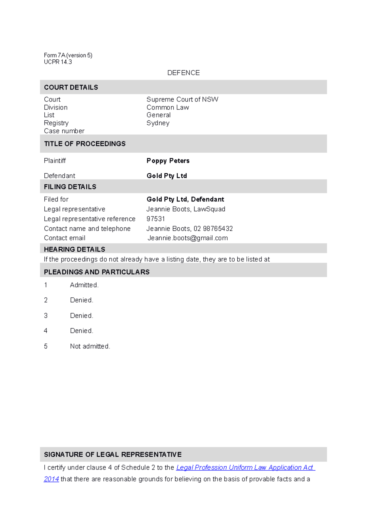 UCPR 14: Sample Defence Statement for Gold Pty Ltd Case - Studocu