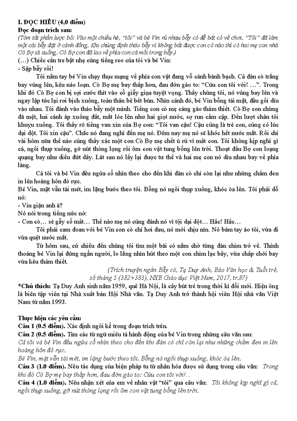 Đọc Hiểu Truyện Ngắn Bẫy Cò - Tạ Duy Anh (4,0 điểm) - Studocu