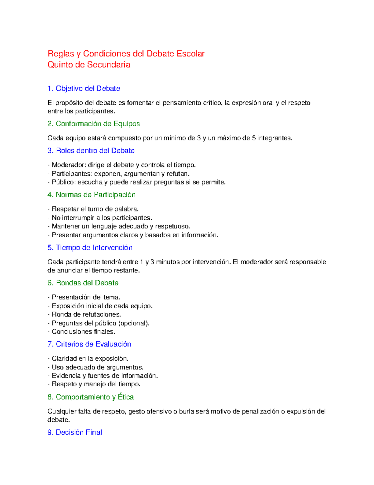 Reglas del Debate Escolar - 5to Secundaria - Studocu