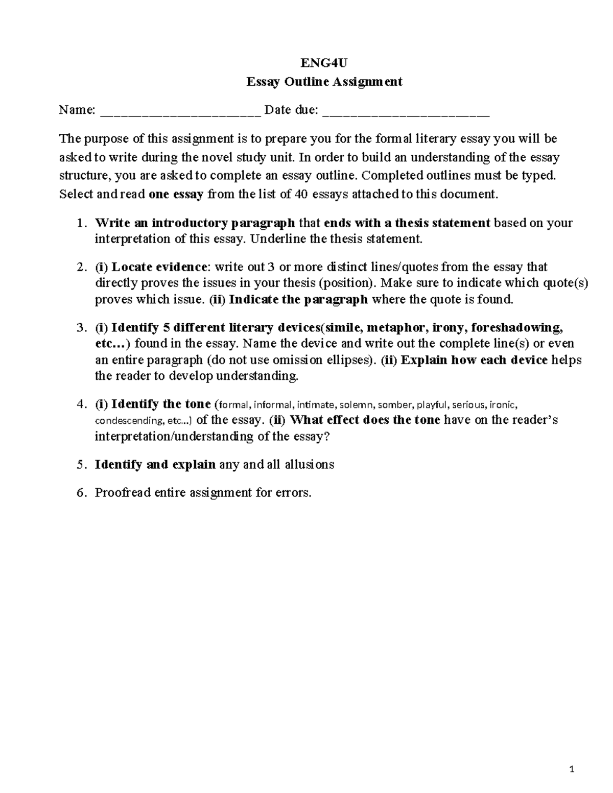 ENG4U Essay Outline Assignment: Structure & Guidelines - Studocu