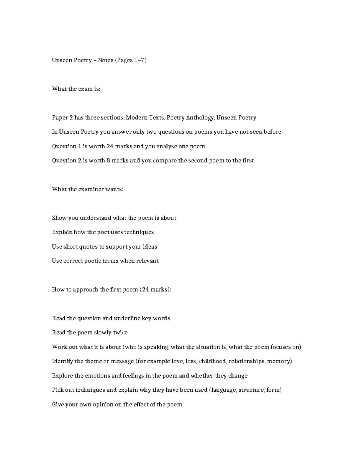 Unseen Poetry Analysis Notes for Exam Paper 2 - Studocu