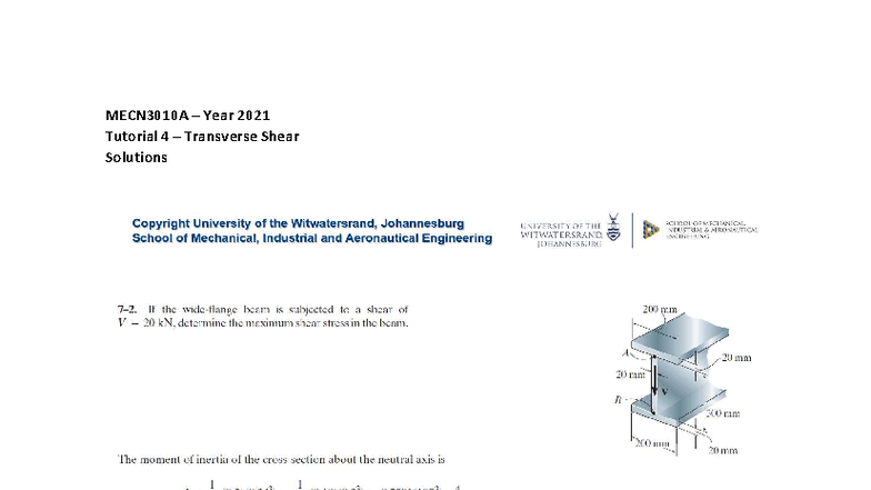 Tutorial 4 - Transverse Shear - Solutions - MECN 2011 - MECN3010A – Year 2021 Tutorial 4 – - Studocu